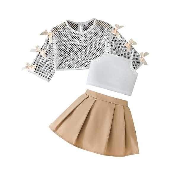 Girls Three Piece Outfit Set with Fishnet Crop Top Camisole and Pleated ...