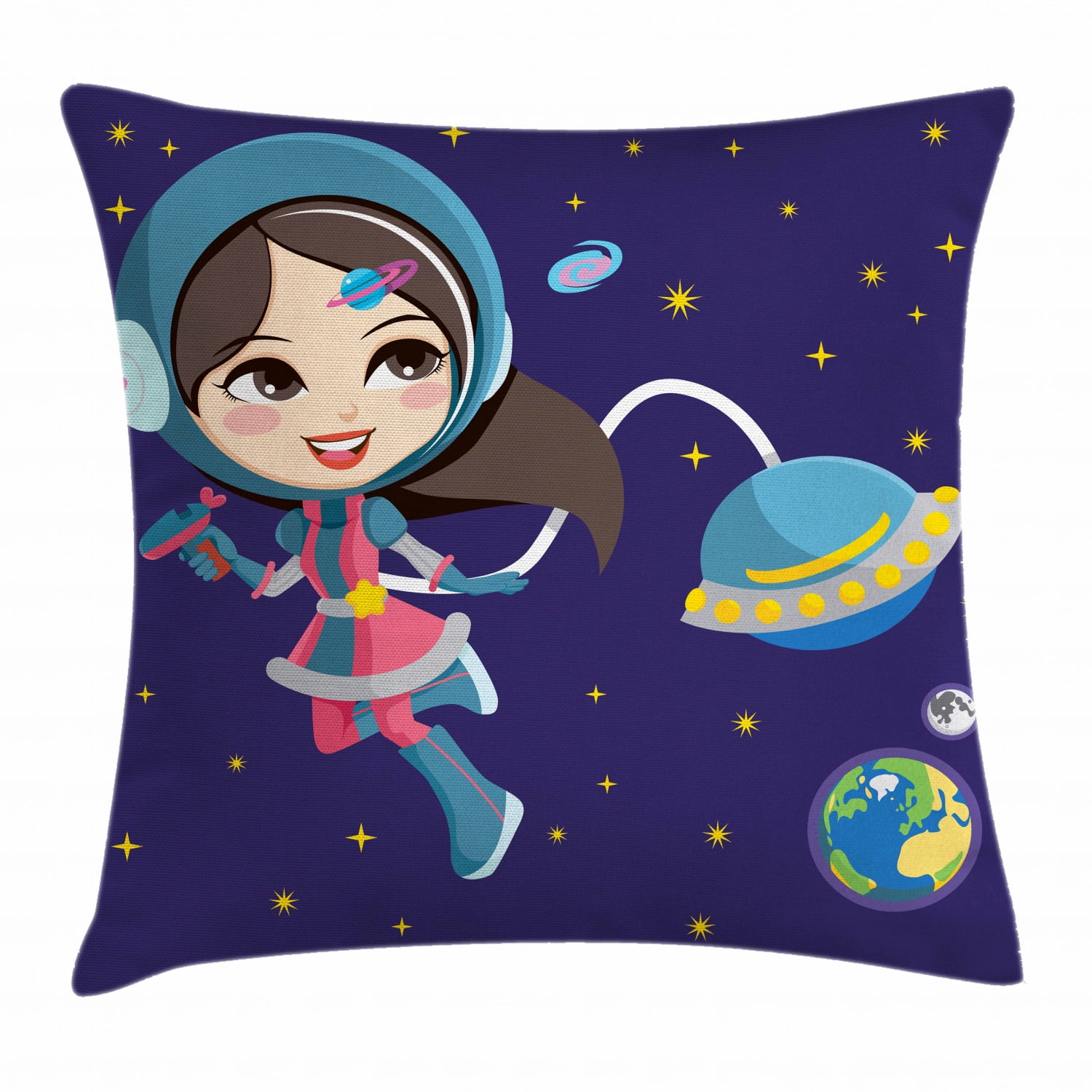 Girls Throw Pillow Cushion Cover, Cute Little Girl Exploring Space with ...