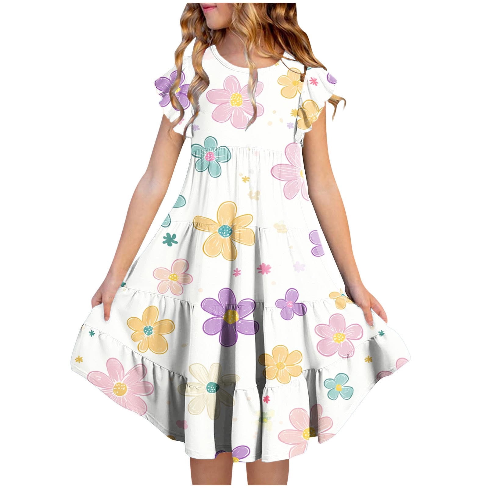Girls Tiered Floral Ruffle Dress with Flutter Sleeves, A-Line Summer ...