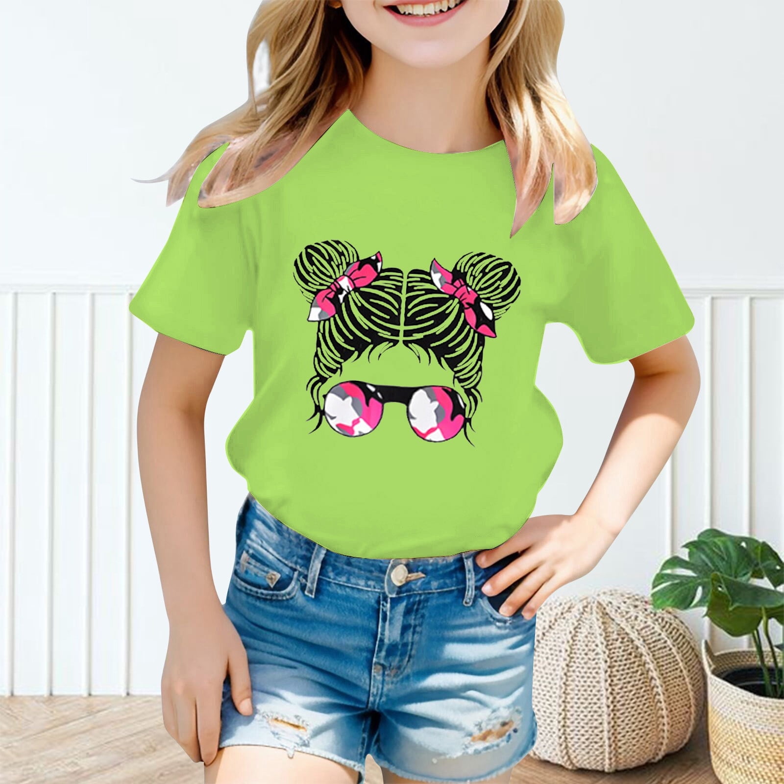 Girls Tops Size 7-8 Classic Fit Cartoon Car Printing Round Neckline ...