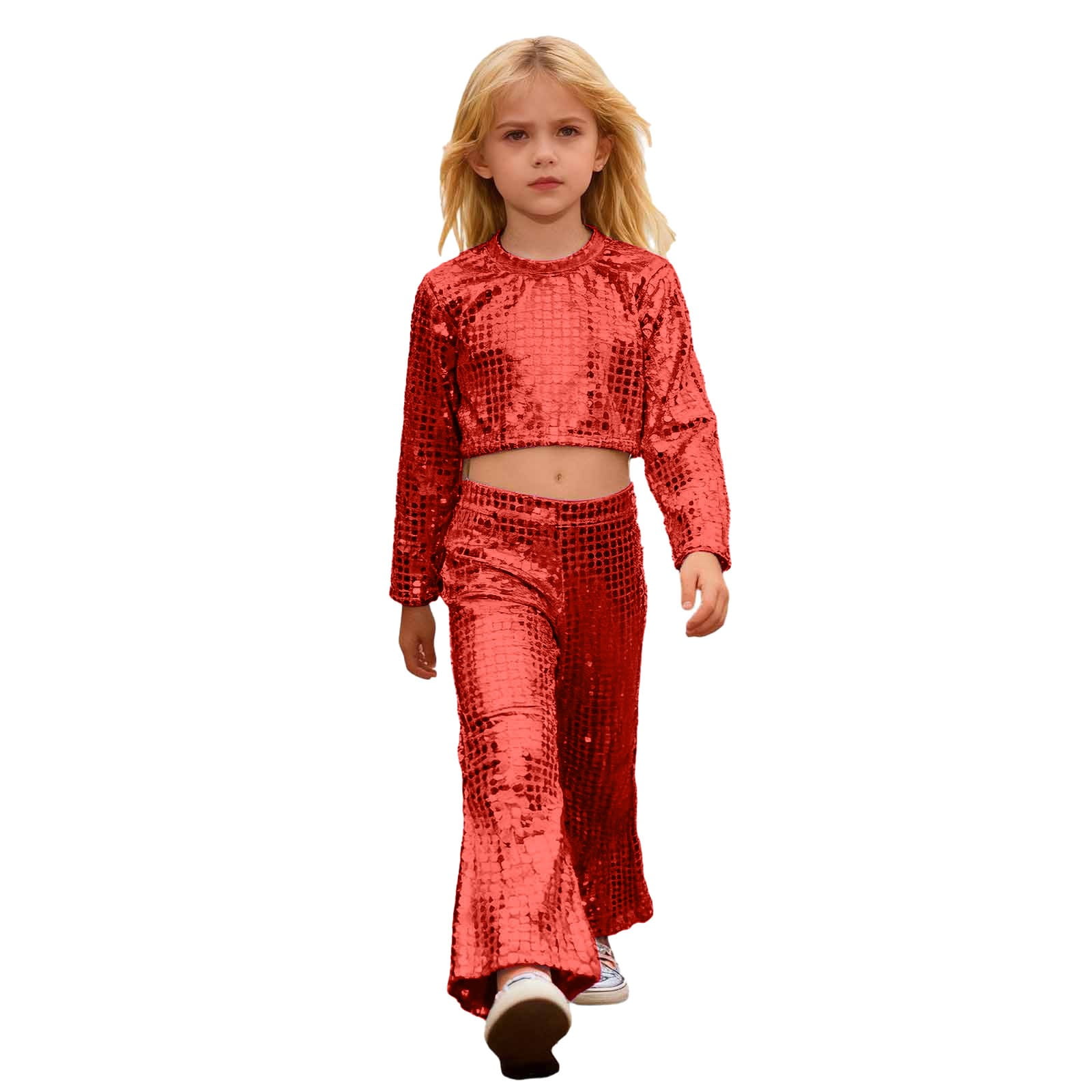 Girls Tracksuit Set Glitter Sequin Party Performance Outfit Two Piece ...