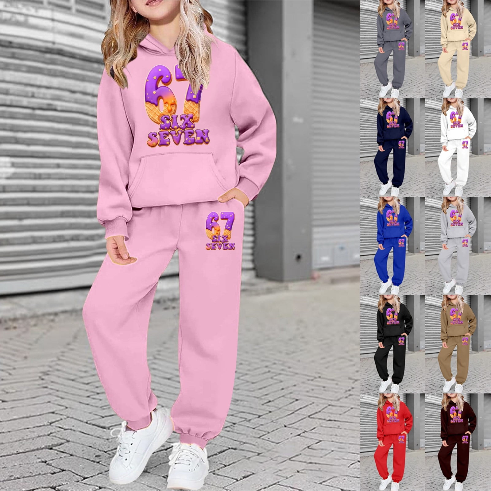 Girls Tracksuit Six Seven Print Hooded Sweatshirt Sweatpants Casual ...