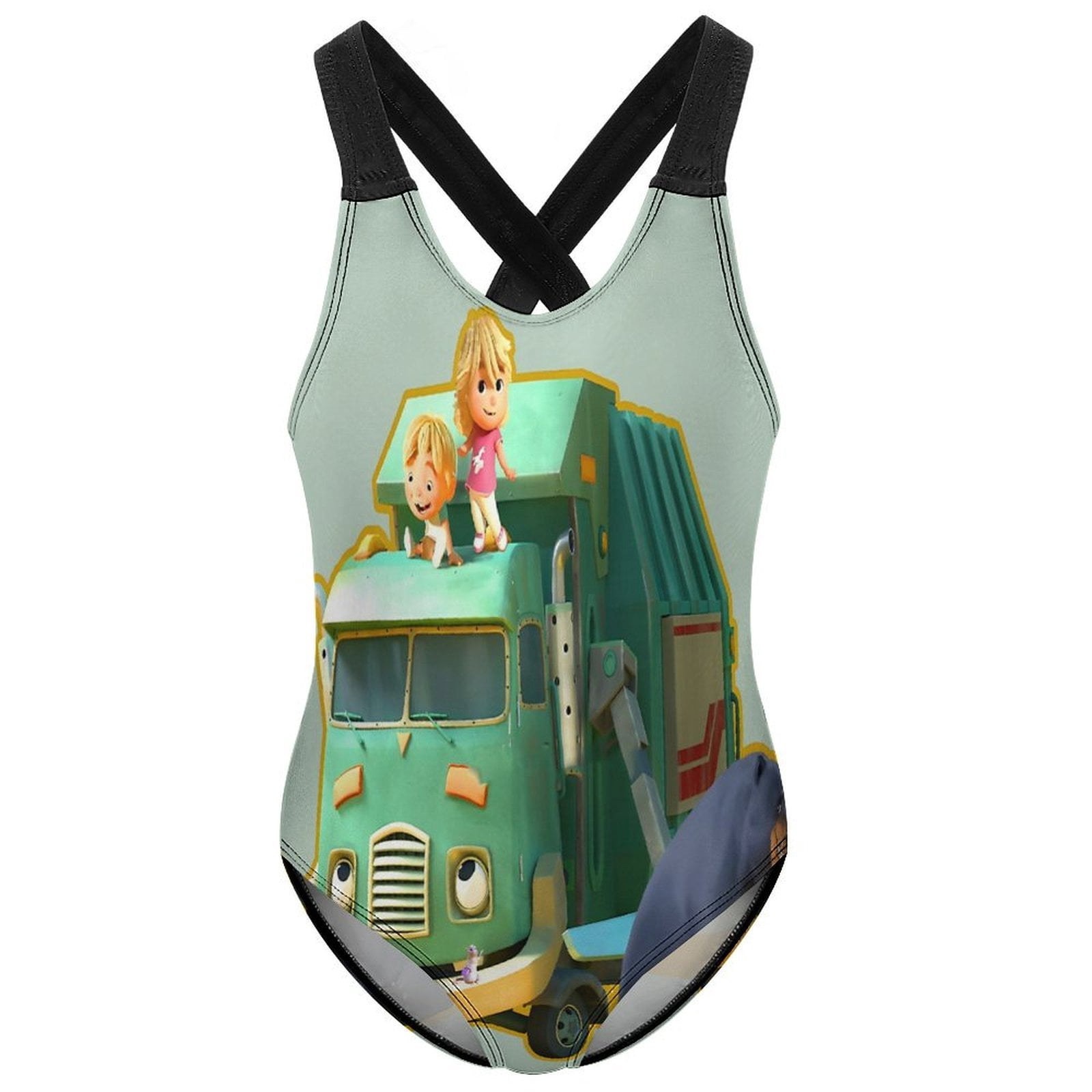 Girls Trash Green Truck One Piece Swimsuits Bathing Suits Cross Back ...
