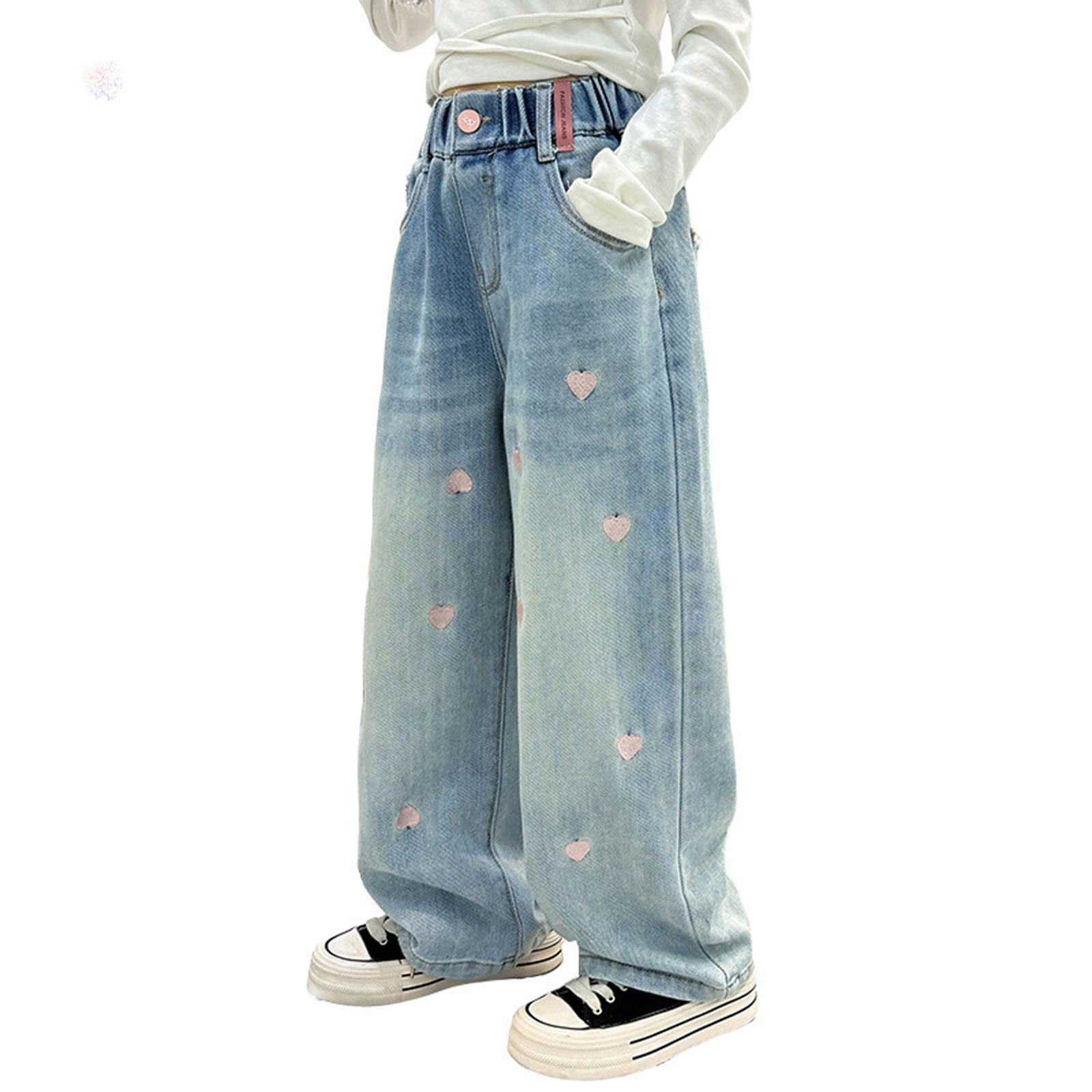 Girls Trendy Pants Daily Wear Embroidered Heart Wide Leg Denim Trousers ...