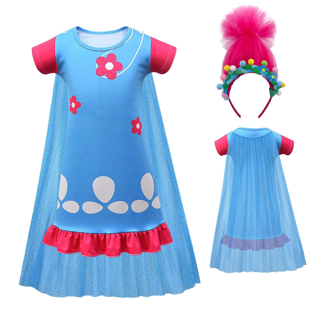 Girls Trolls Costume Dress Short Sleeves Cosplay Fancy Outfits w ...