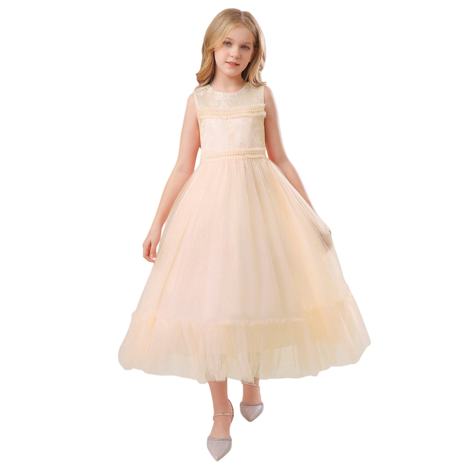 Girls Tulle Long Dress, Kids Formal Gown Elegant Net Skirt, Flower Girl ...