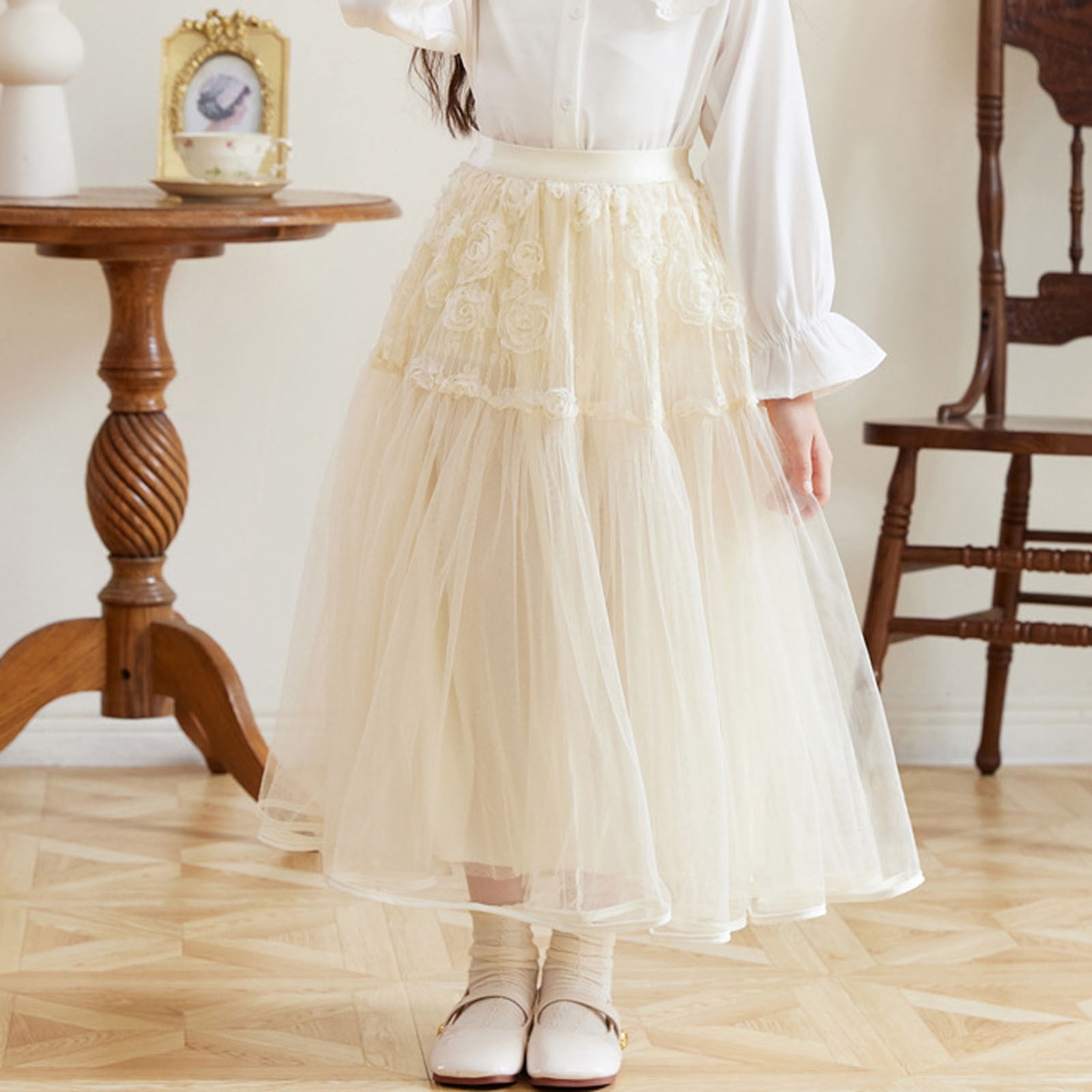 Girls Tulle Skirt with Lace Waistband for Princess Party, Long Beige ...