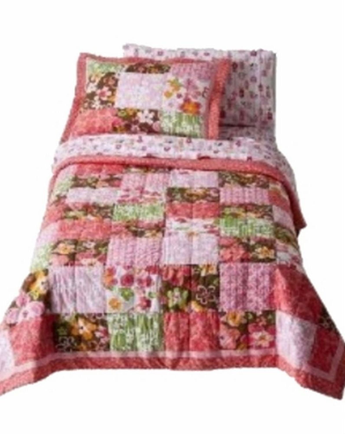 Girls Twin Quilt & Sham Set Coral Brown Patchwork Blossom Flowers ...