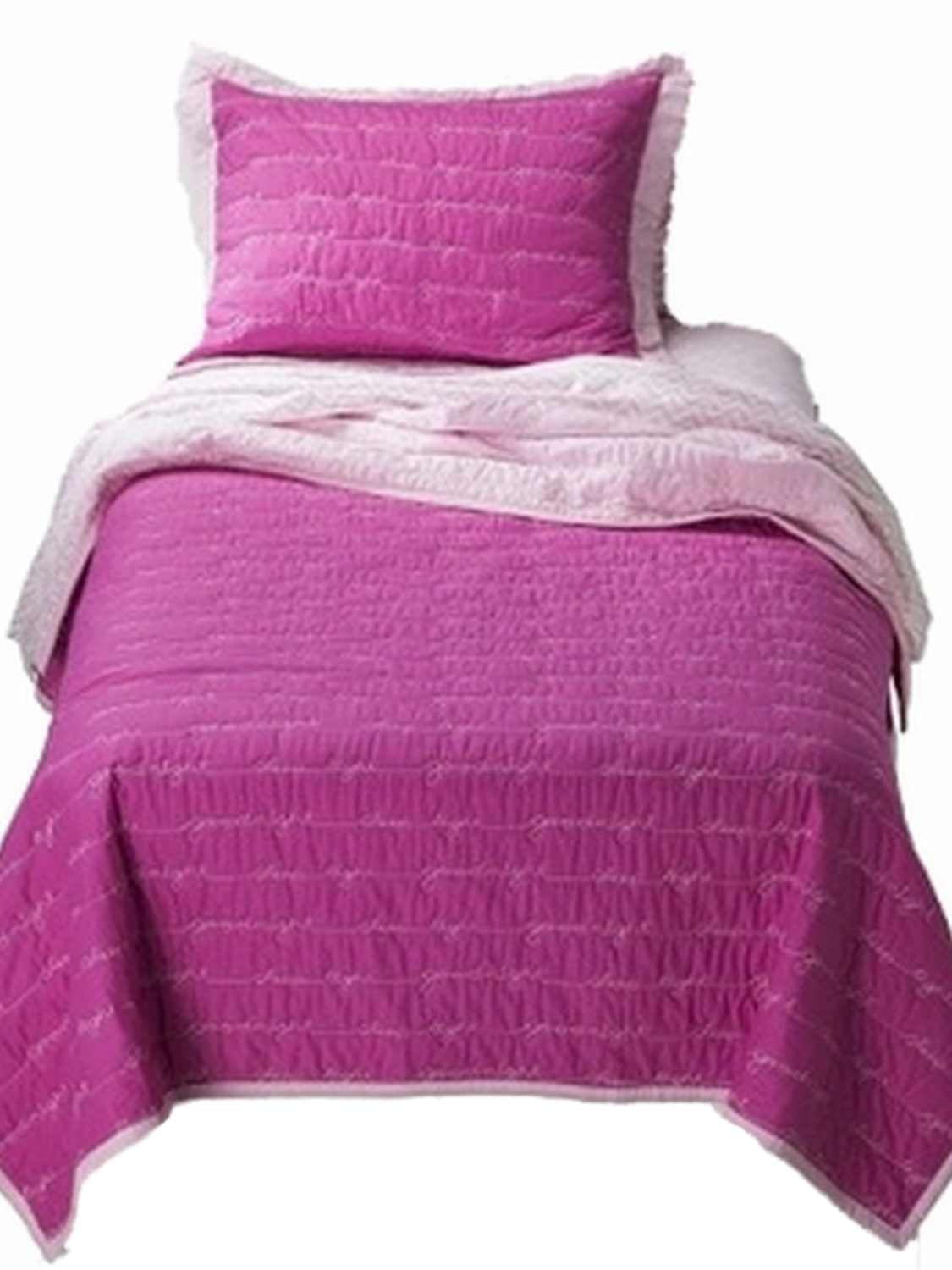 Girls Twin Quilt & Sham Set Hot Pink Goodnight Embroidered Sentiments ...
