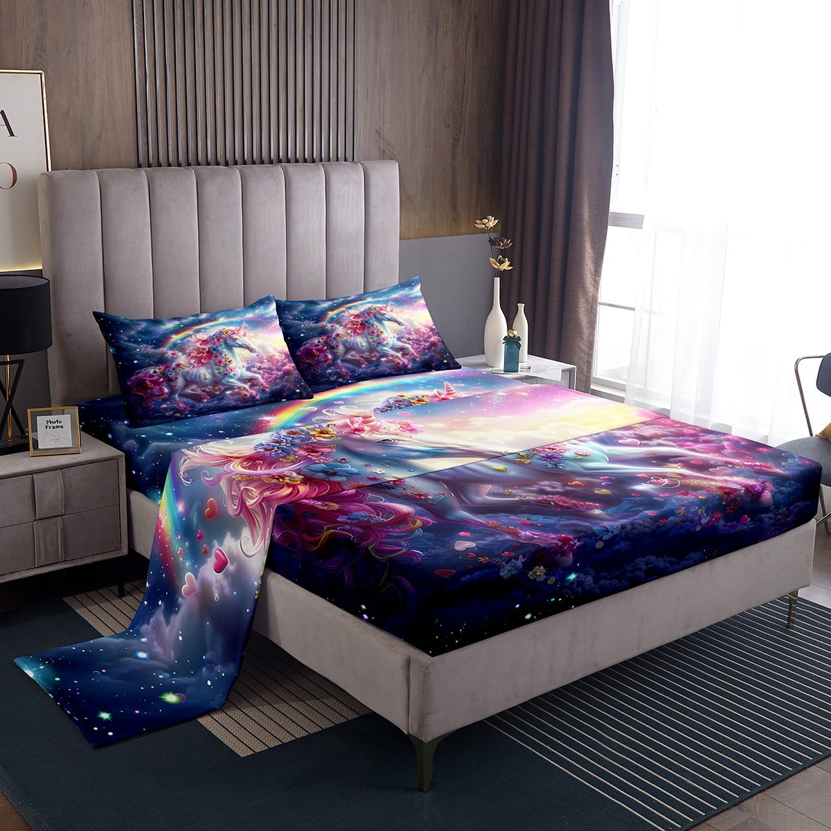 Girls Twin Size Rainbow Unicorn Sheet Set Cute Cartoon Unicorn Bed ...