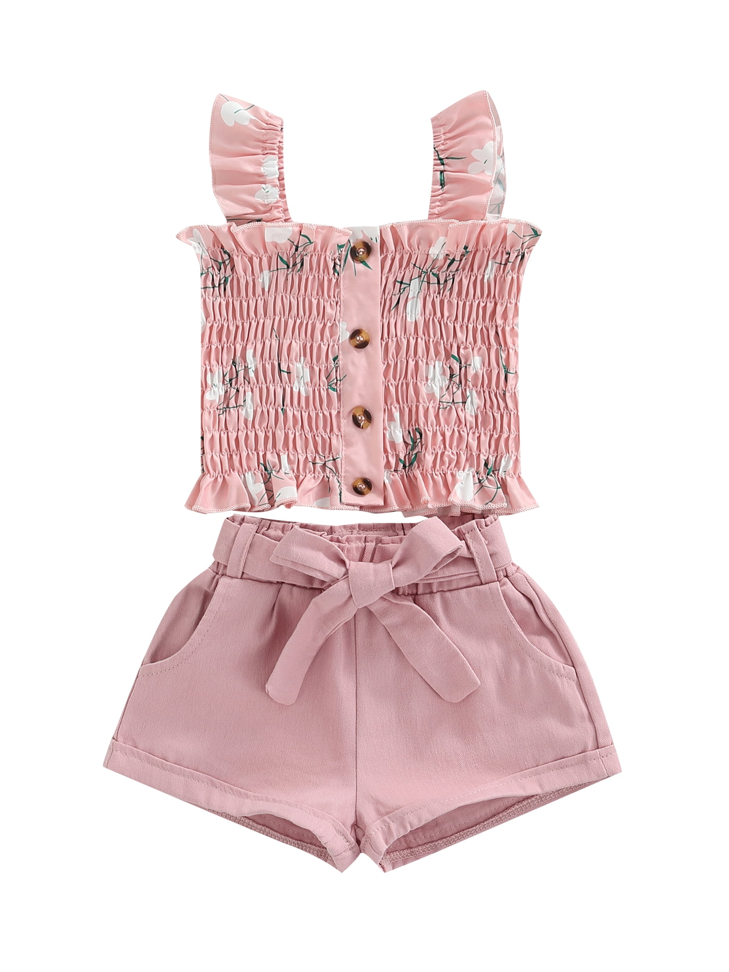 Girls Two-Piece Clothes Outfit Floral Print Wide Strap Ruffle Ruched ...