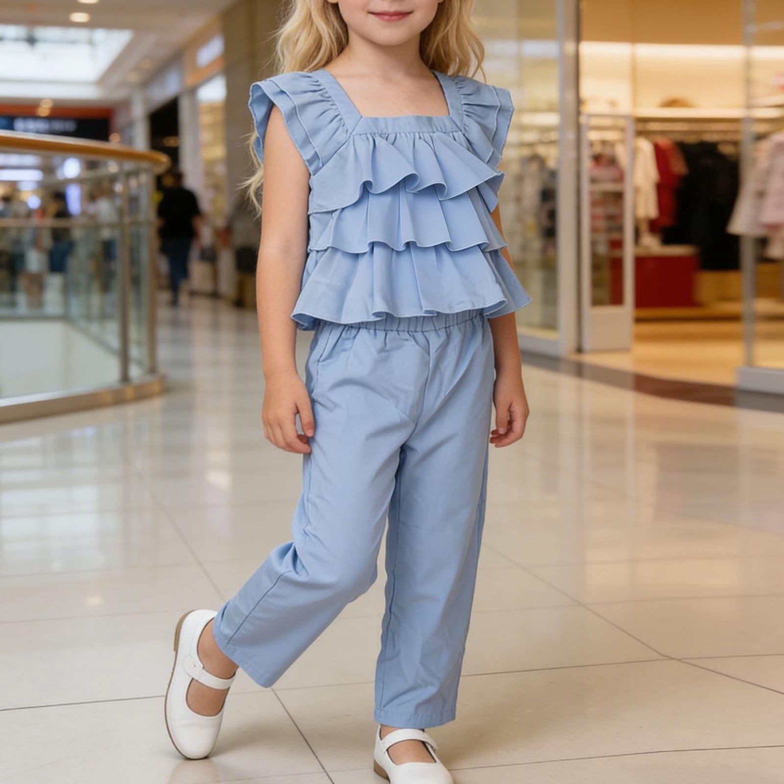 Girls Two Piece Outfit Set Square Neck Ruffle Sleeveless Top Elastic ...