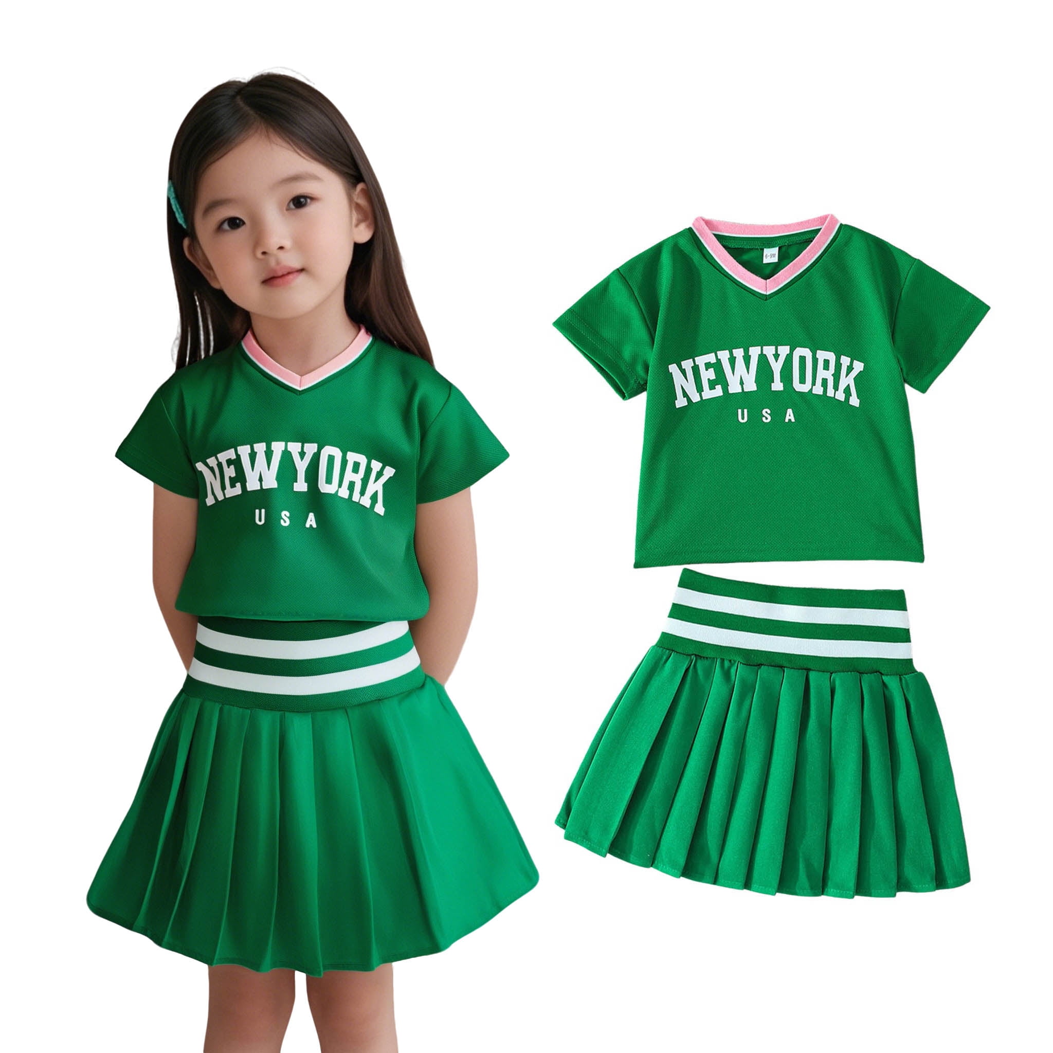 Girls Two Piece Outfits New York Short Sleeve Tee Pleated Mini Skirt ...