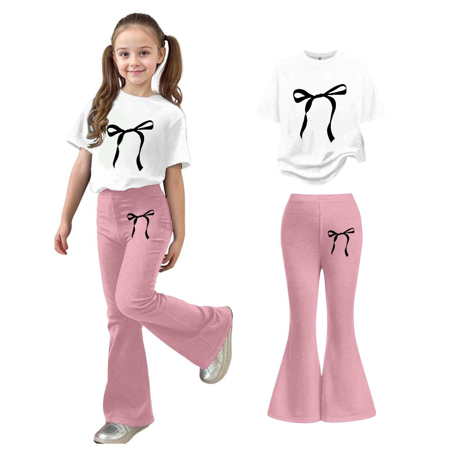 Girls Two Piece Outfits Short Sleeve Bow T-Shirt Top and Flared Pants ...