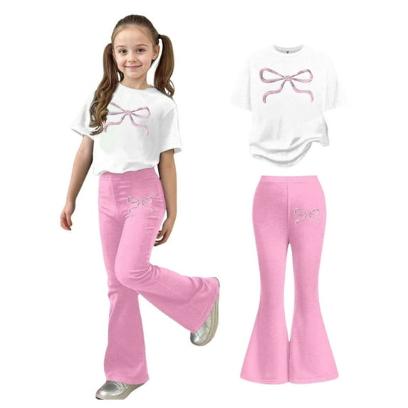 Girls Two Piece Outfits Short Sleeve Bow T-Shirt Top and Flared Pants ...