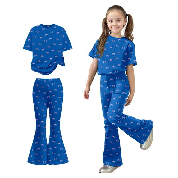 Girls Two Piece Outfits Short Sleeve Bow T-Shirt Top and Flared Pants ...