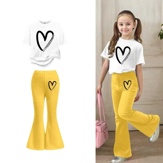 Girls Two Piece Outfits Short Sleeve Heart T-Shirt Top and Flared Pants ...