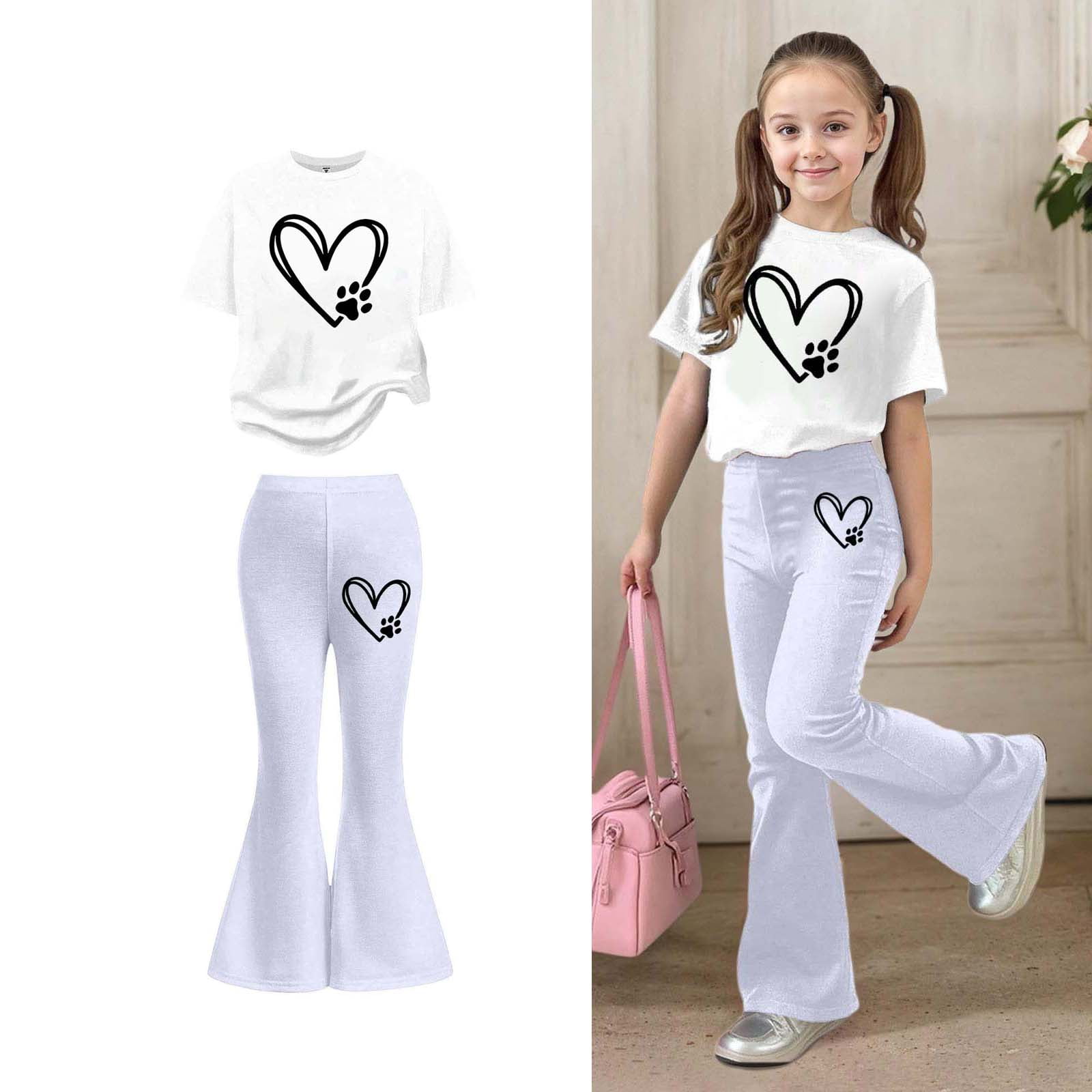Girls Two Piece Outfits Short Sleeve Heart T-Shirt Top and Flared Pants ...