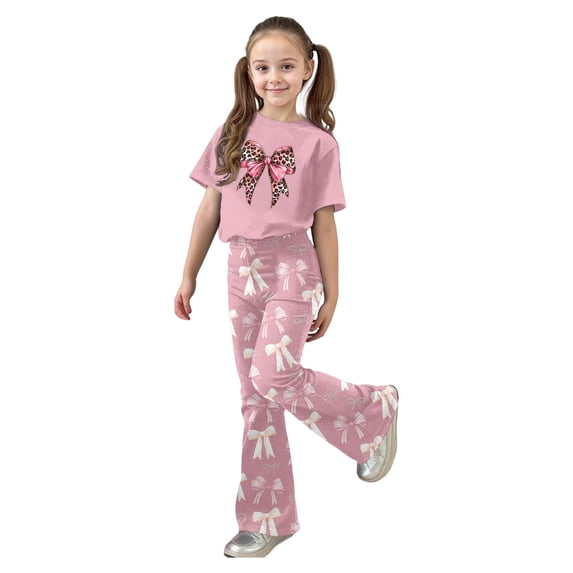 Girls Two Piece Set Leopard Print with Bow Detail Short Sleeve Top and ...
