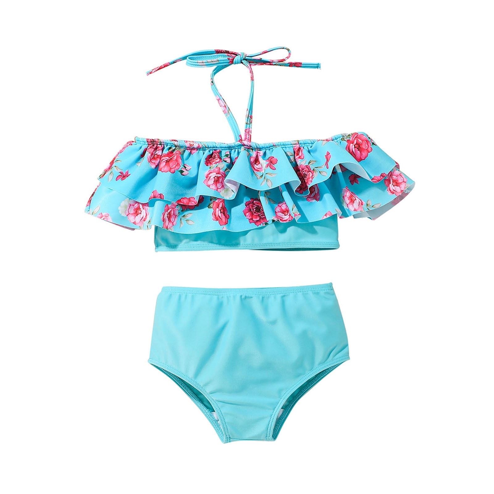 Girls Two-Piece Swimsuit Ruffles Print Strap Bathing Set Suit Bathing ...