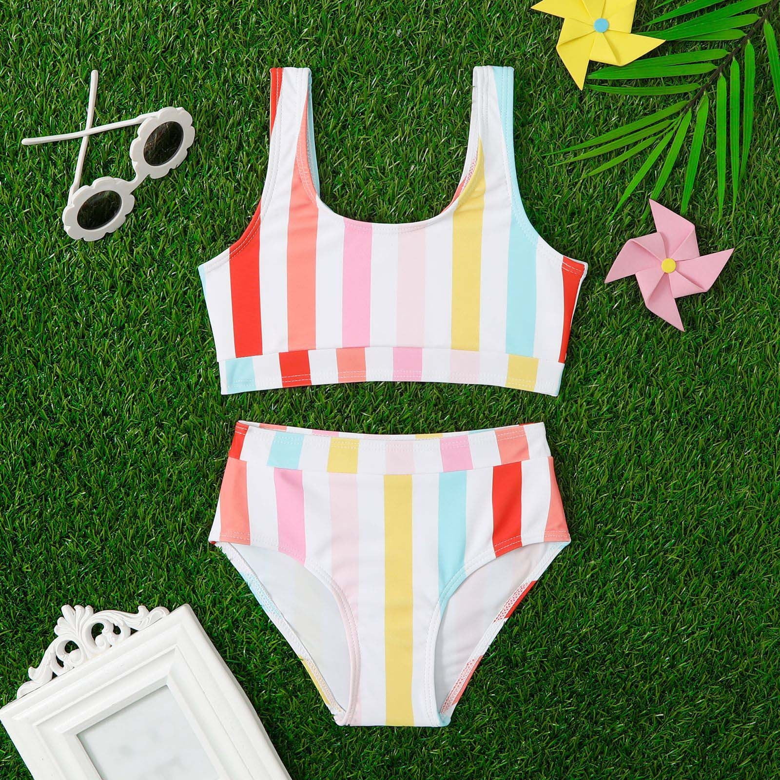Girls' Two Piece Swimsuit With Vertical Stripe Triangle Bottoms Rash ...