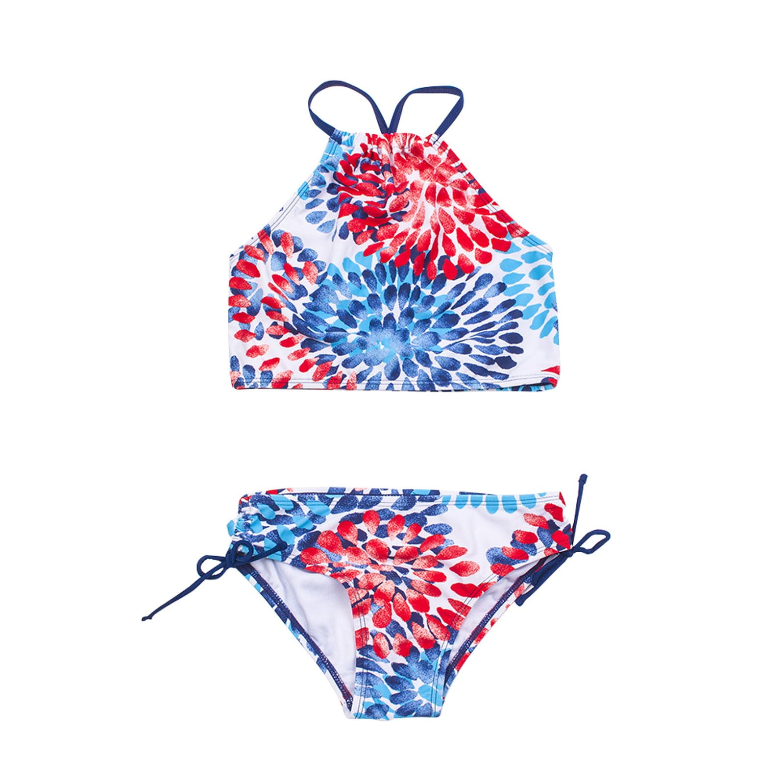 Girls Two Piece Swimsuits 2 Pcs Swimwear Floral Tops Drawstring Bikini ...