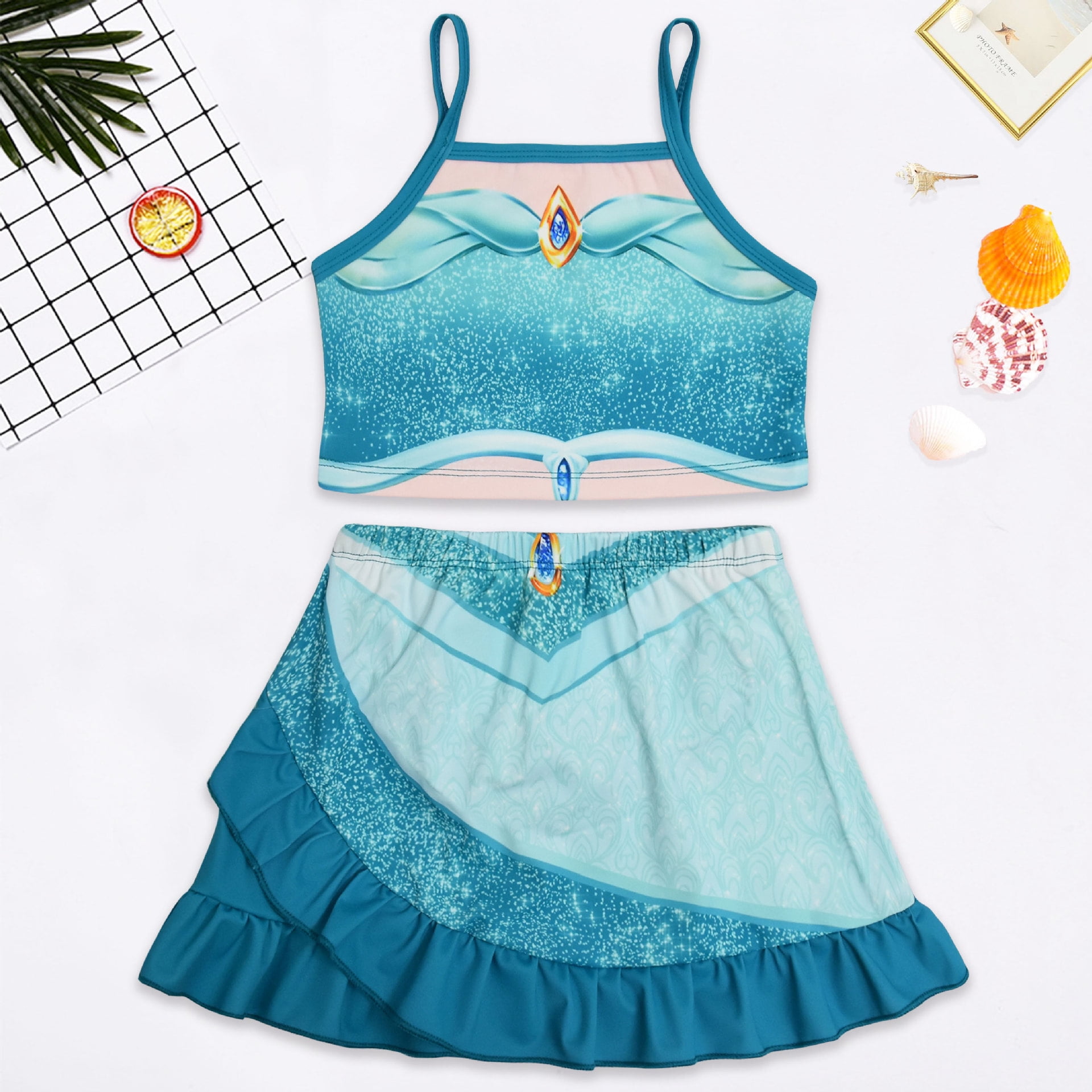 Girls Two Piece Swimsuits Princess Mermaid Jasmine Aurora Tankini ...