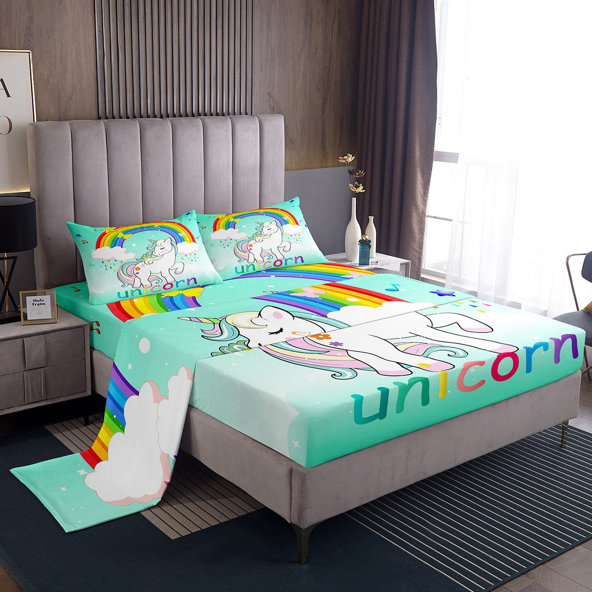 Girls Unicorn Bed Sheets Set Queen Kawaii Rainbow Unicorn Sheet Set for Kids Teens Butterfly ...