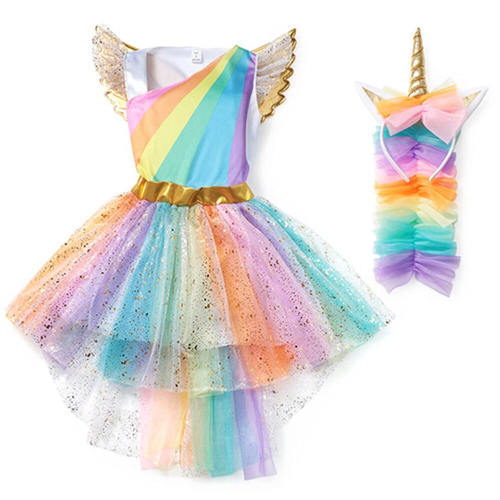 Girls Unicorn Costume Dress Rainbow Halloween Fancy-Dress with Wing Set ...