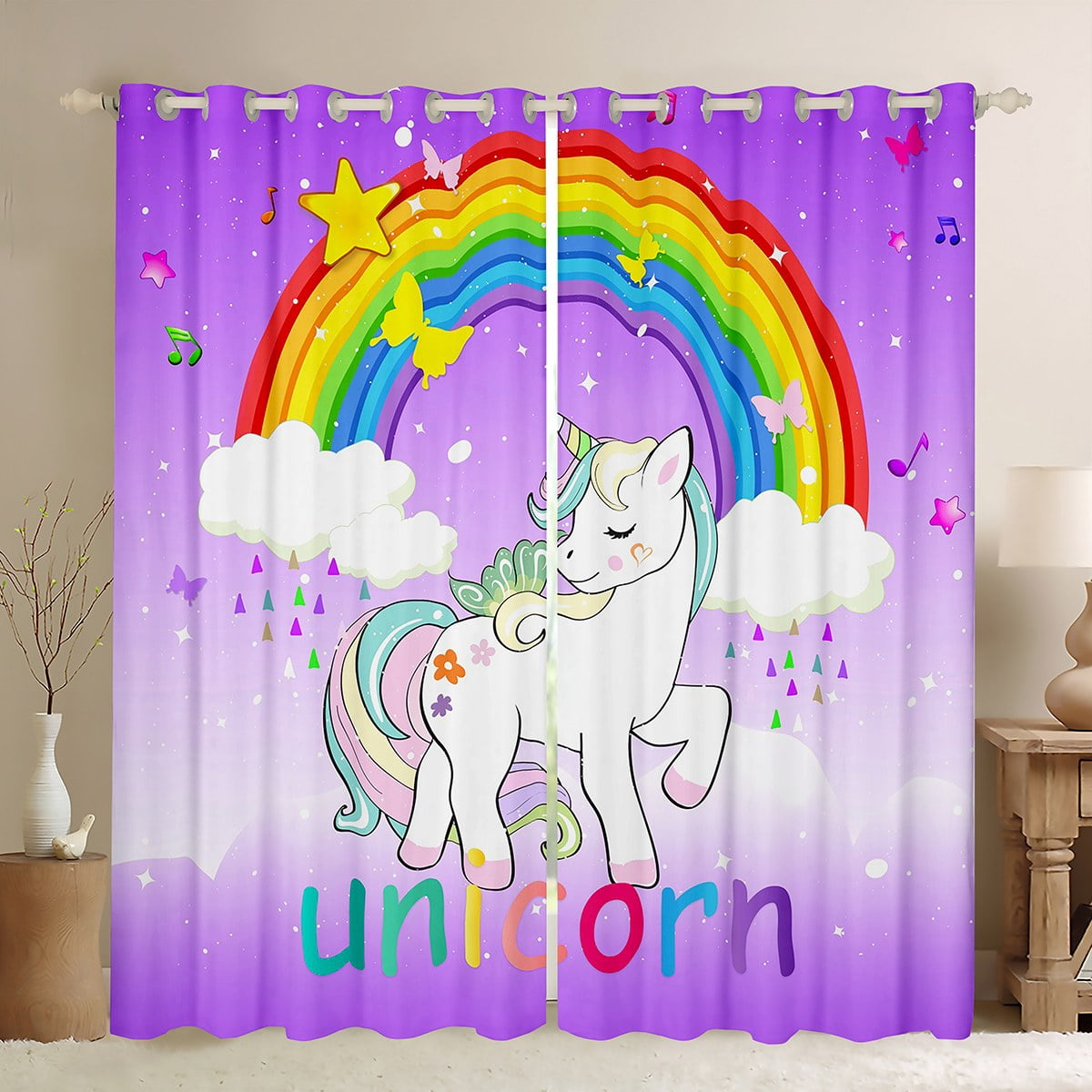 Girls Unicorn Curtains Kids Unicorn Butterfly Blackout Curtains Cute ...