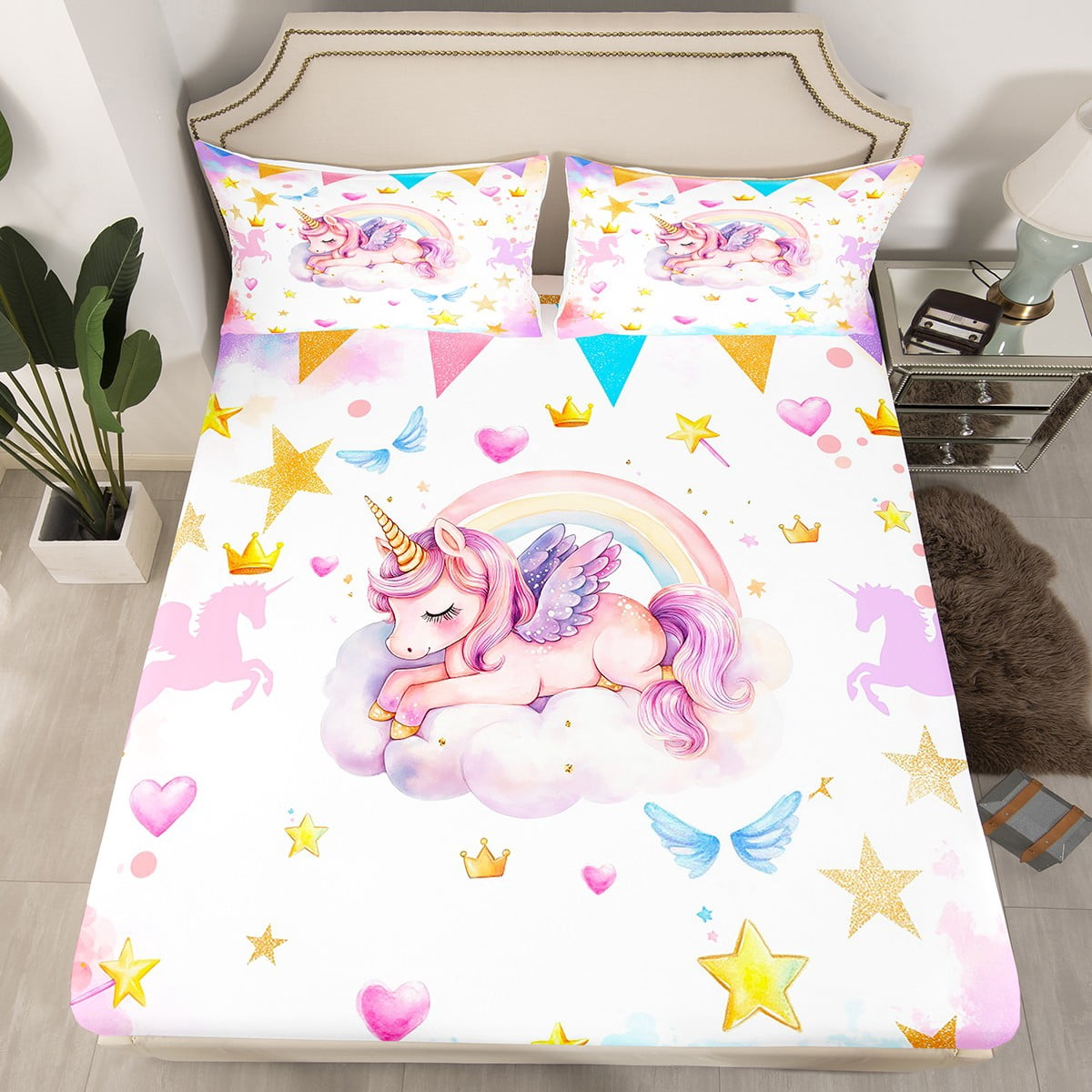 Girls Unicorn Fitted Sheet Full,Girls Bedding Set Cute Rainbow Unicorn ...