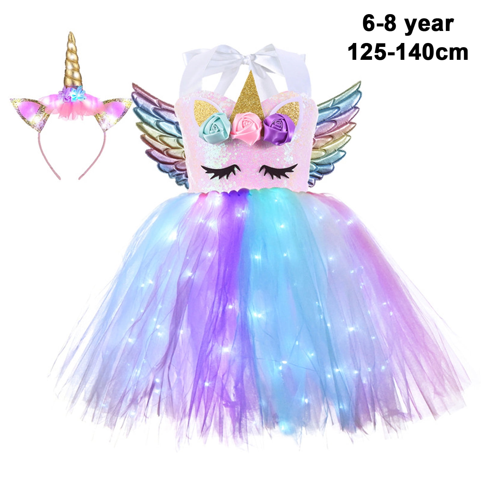 Girls Unicorns Costume LED Light Up Unicorns Princess Dress Birthday Party Outfit Halloween Tutu ...