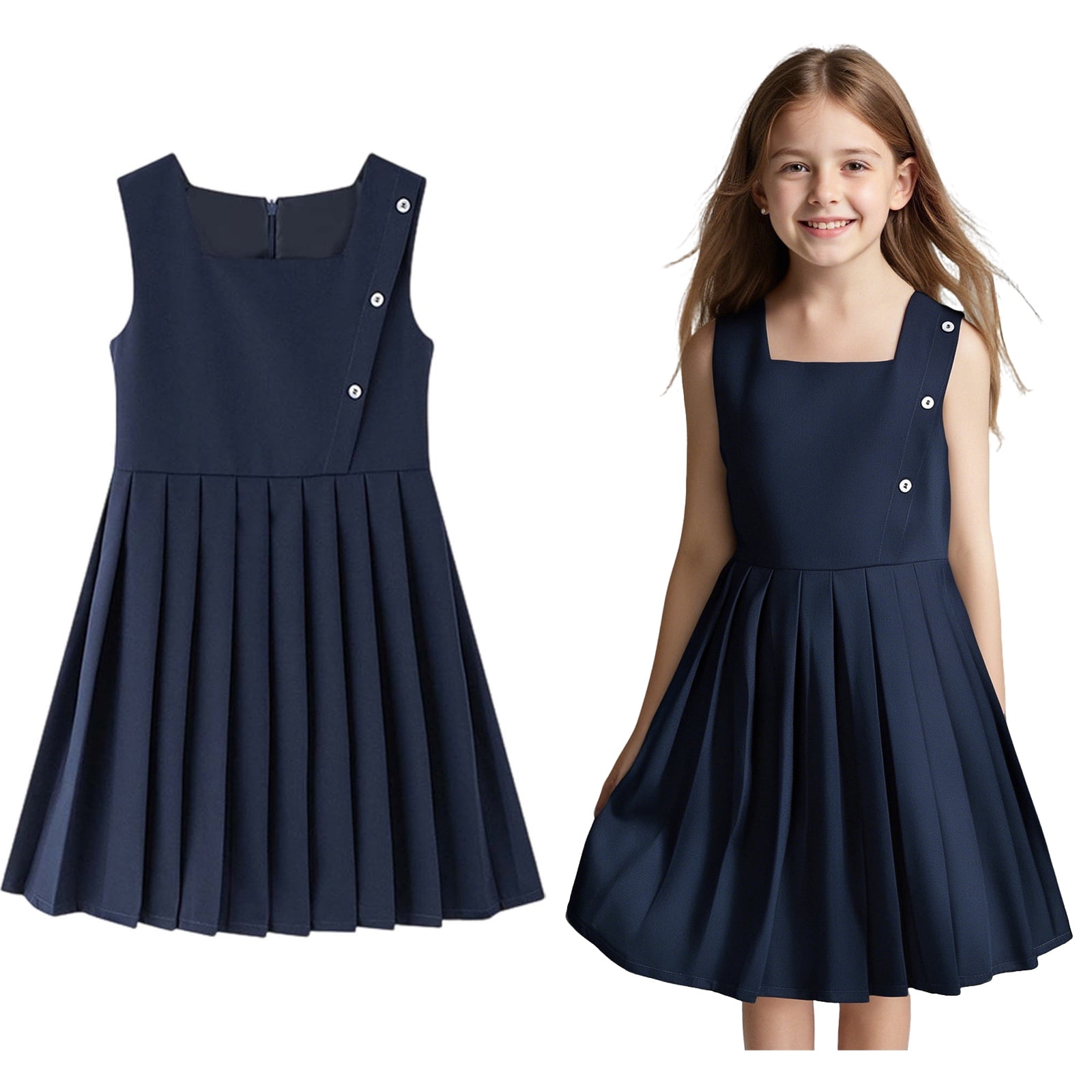 Girls Uniform Dress Cute Pleated Knee Length Sleeveless Navy Girls ...