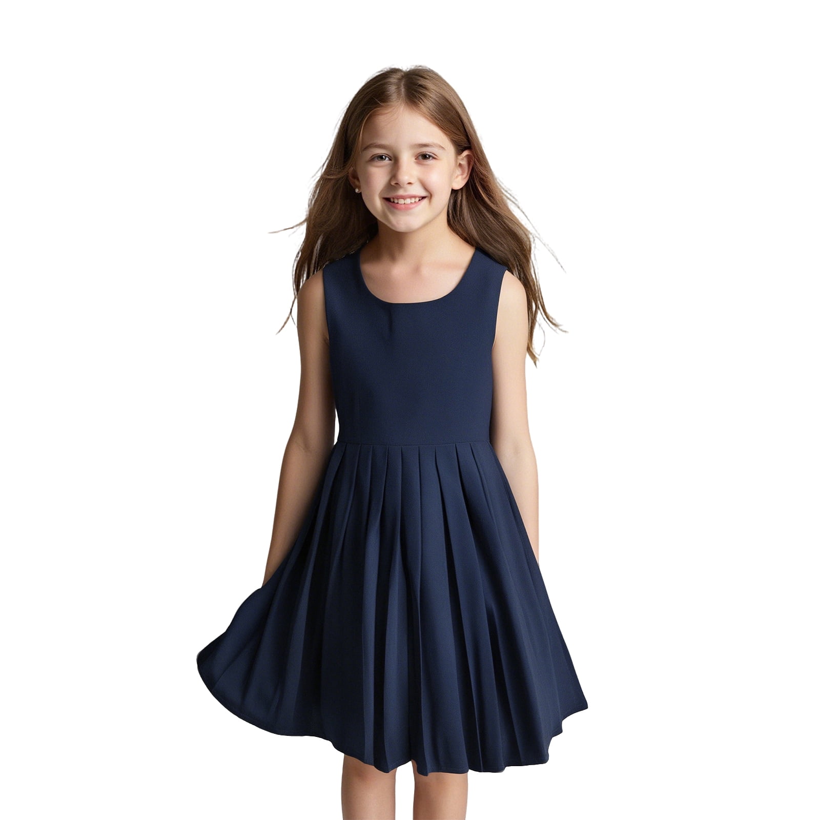 Girls Uniform Dress Cute Pleated Knee Length Sleeveless Navy Jumpers ...
