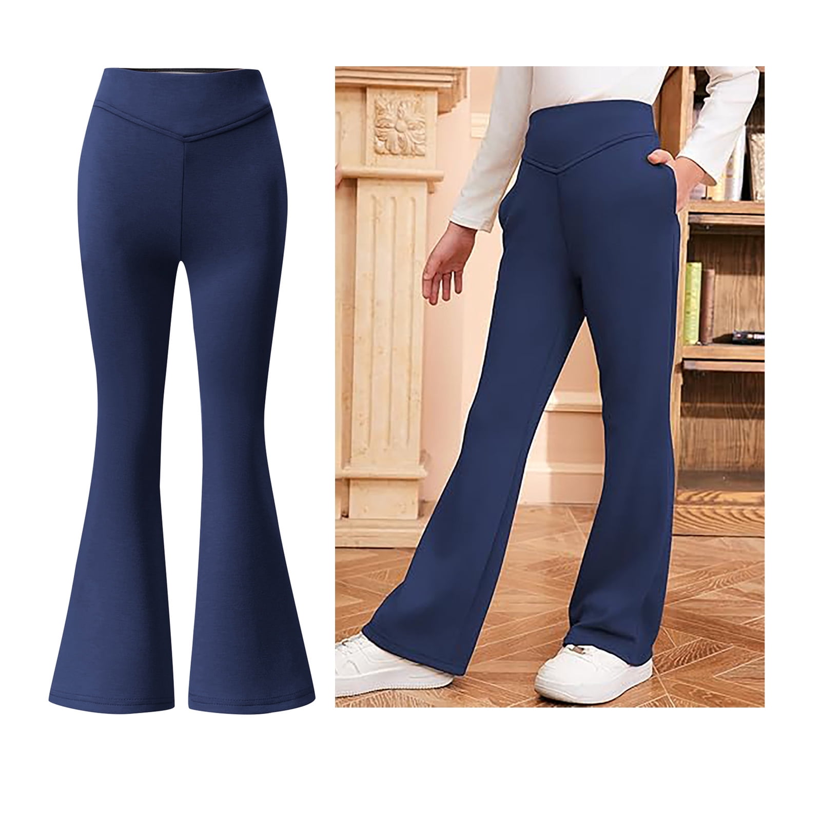 Girls Uniform Pants Skinny Fit Kids Dress Pants with Pockets Flare Leg ...
