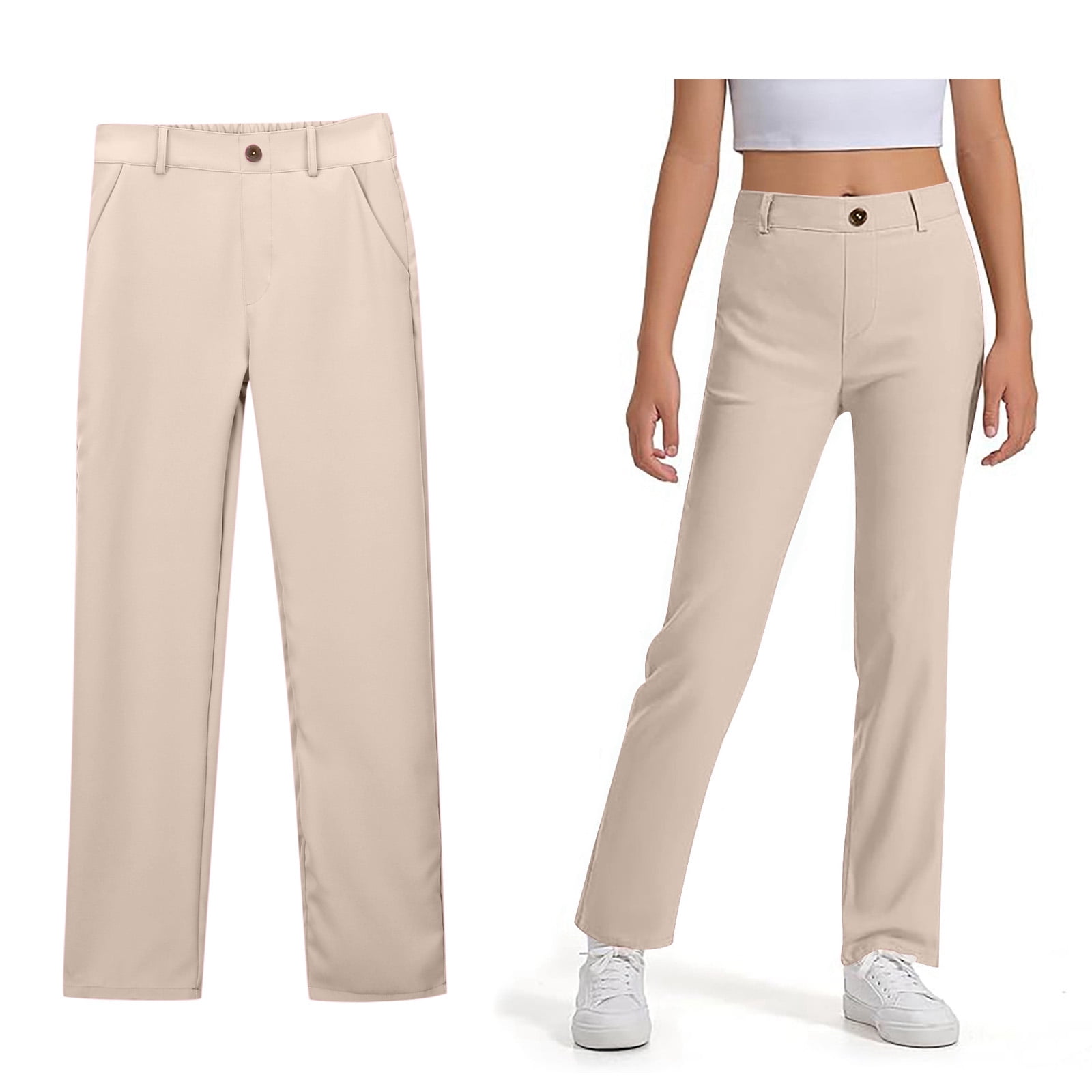 Girls Uniform Pants Skinny Fit Stretch Pants with Pockets Straight ...