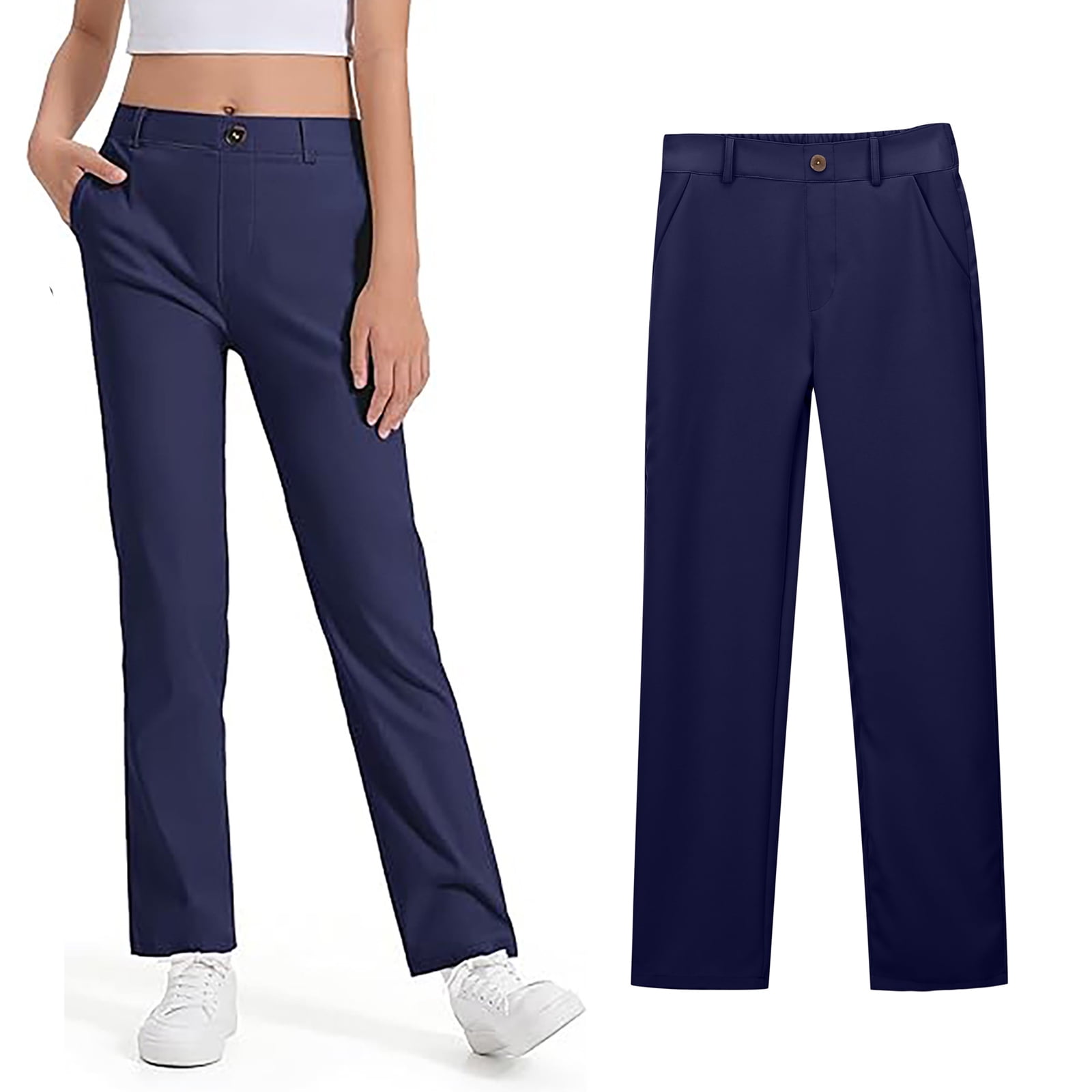 Girls Uniform Pants Skinny Fit Stretch Pants with Pockets Straight ...