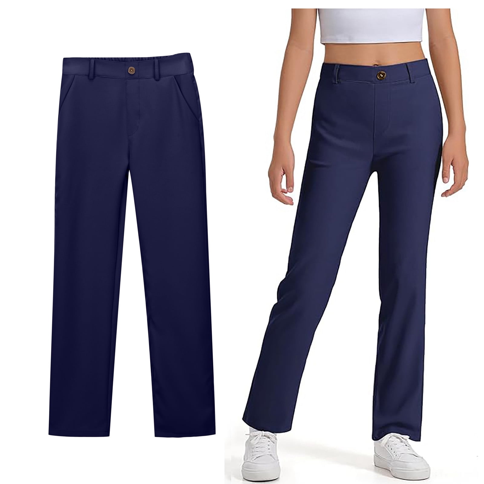 Girls Uniform Pants Skinny Fit Stretch Pants with Pockets Straight ...