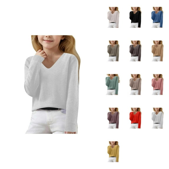 Girls V Neck Knit Pullover Sweater, Long Sleeve Oversized Loose Fit ...