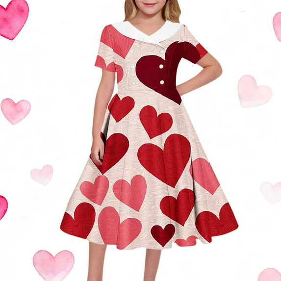 Girls Valentine Dress Heart Print Short Sleeve A-Line Party Dress with ...