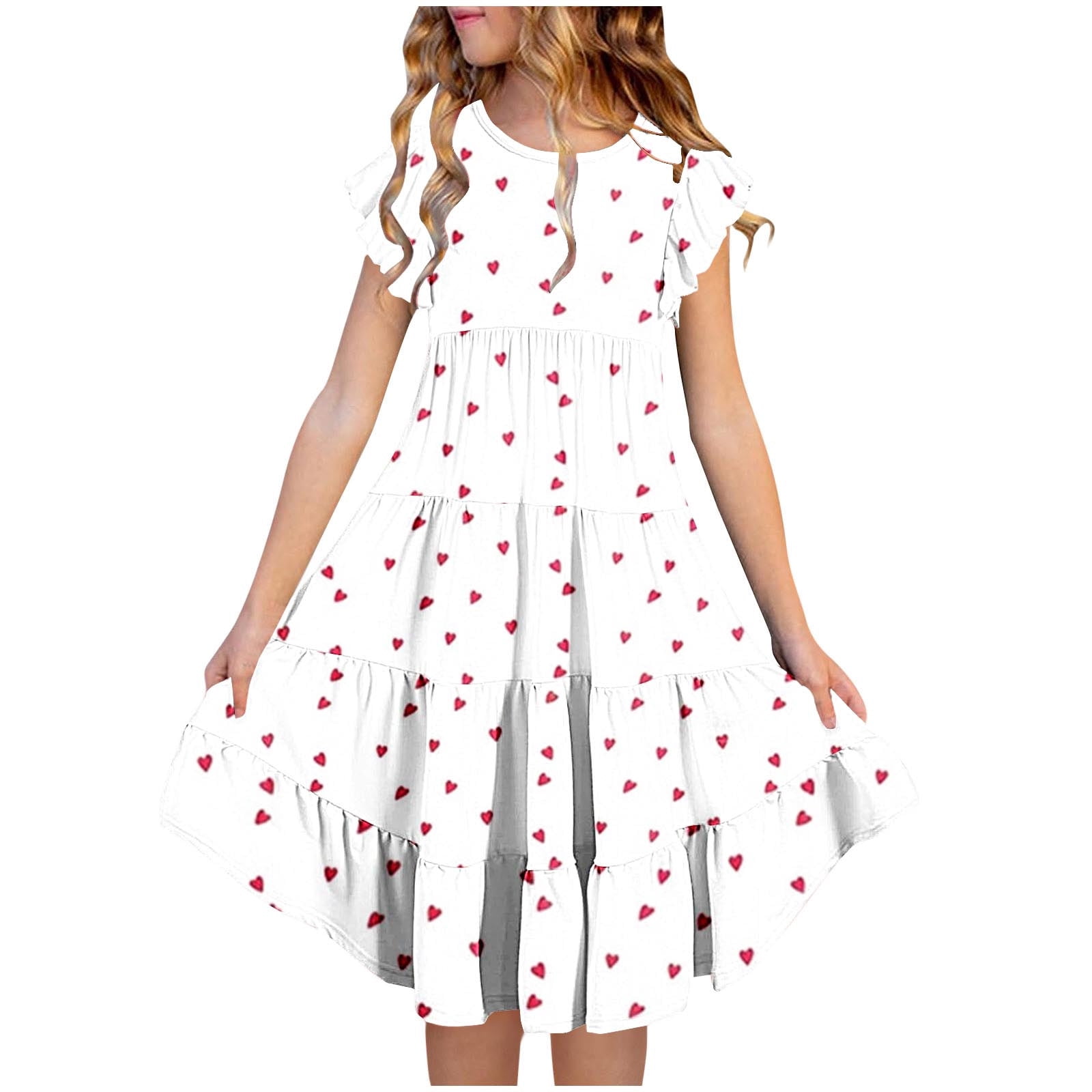 Girls Valentine Dress Ruffled Sleeve Crew Neck Heart Print Pleated Midi ...