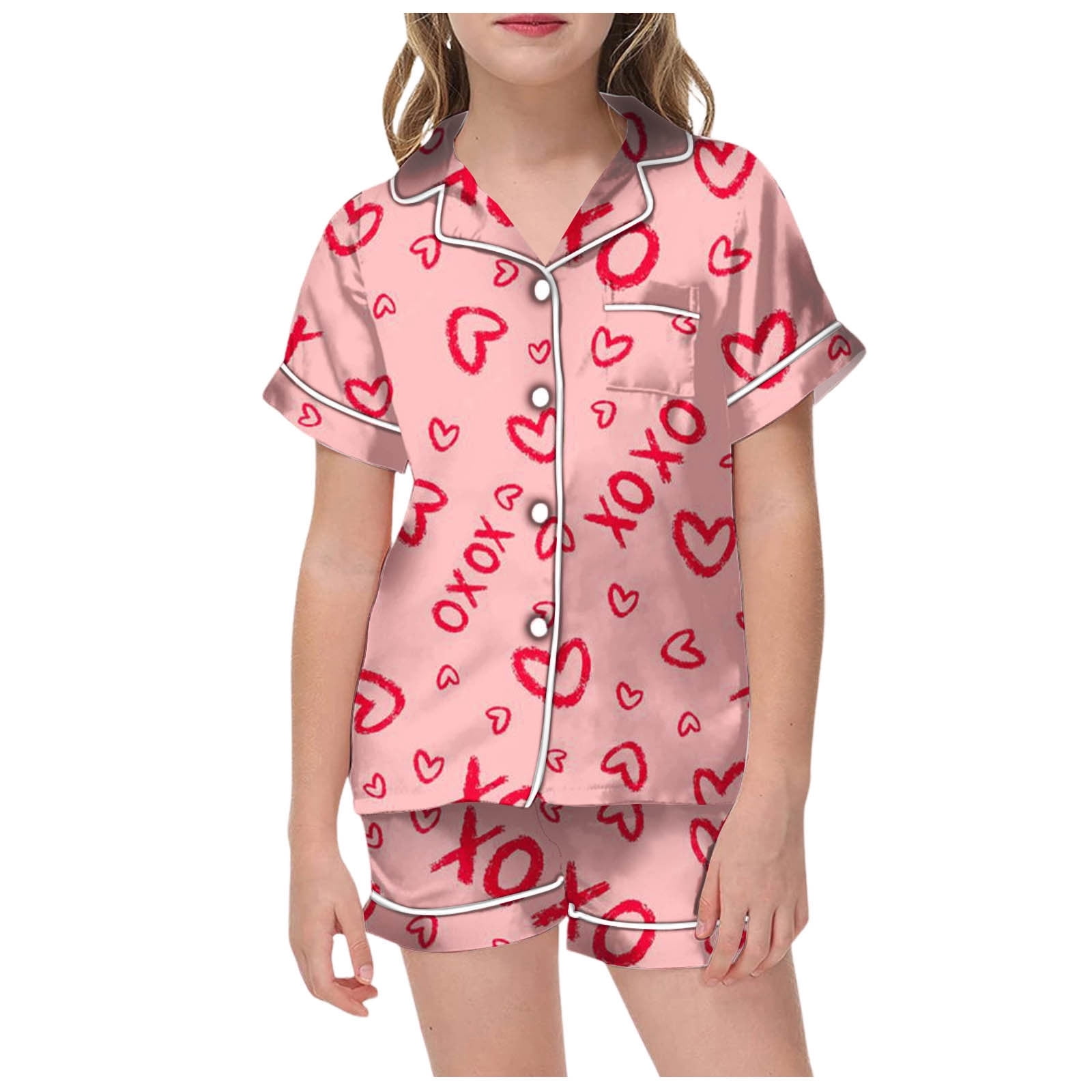 Girls Valentine Pajamas Size 8 Button Down Pjs Set Short Sleeve Shirt ...