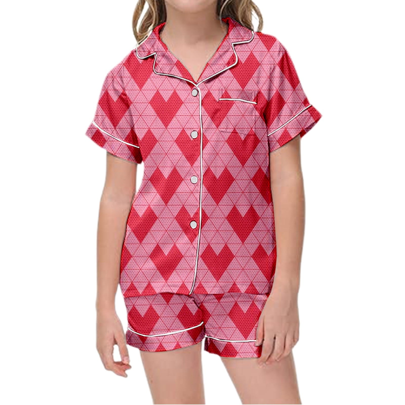 Girls Valentine Pajamas Size 8 Button Down Heart Print Short Sleeve ...