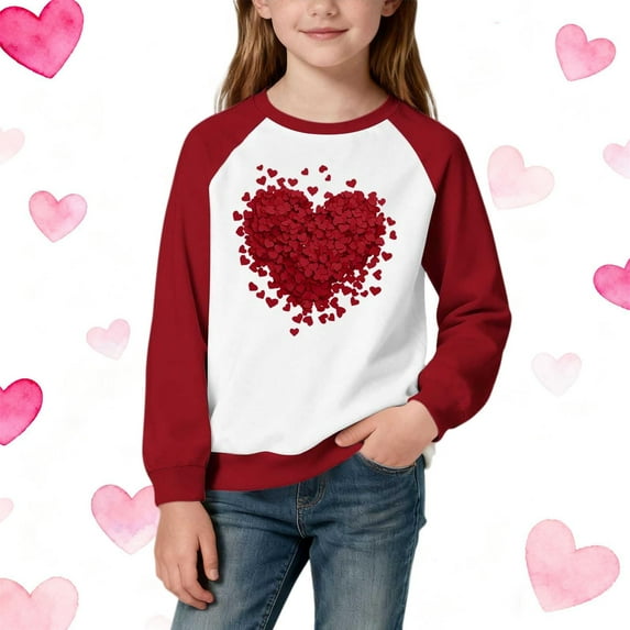 Girls Valentine Sweatshirt Red Heart Print Crewneck Long Sleeve | Kids ...