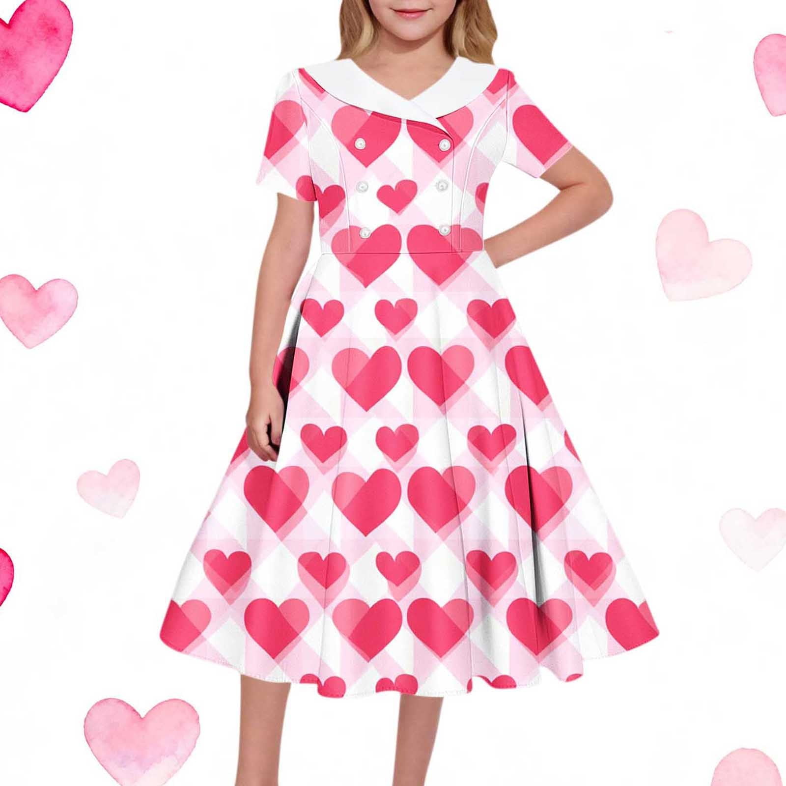 Girls Valentine's Day Dress Heart Print Fit & Flare Short Sleeve with ...