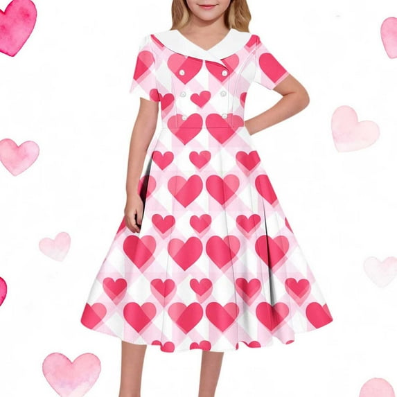 Girls Valentine's Day Dress Heart Print Fit & Flare Short Sleeve with ...