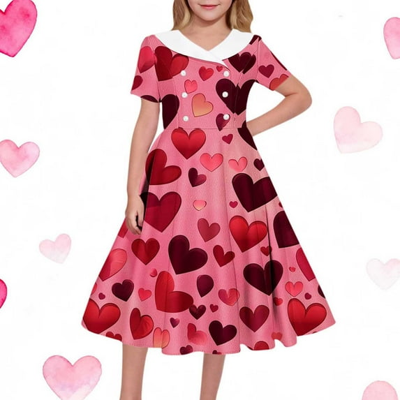 Girls Valentine's Day Dress with Hearts Kids Heart Print Party Dress ...