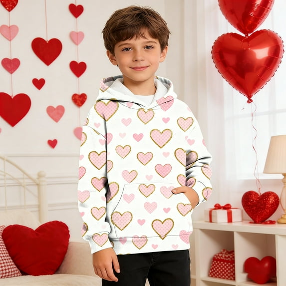 Girls Valentine's Day Hoodie Pink Hearts Glitter Sweatshirt Soft ...
