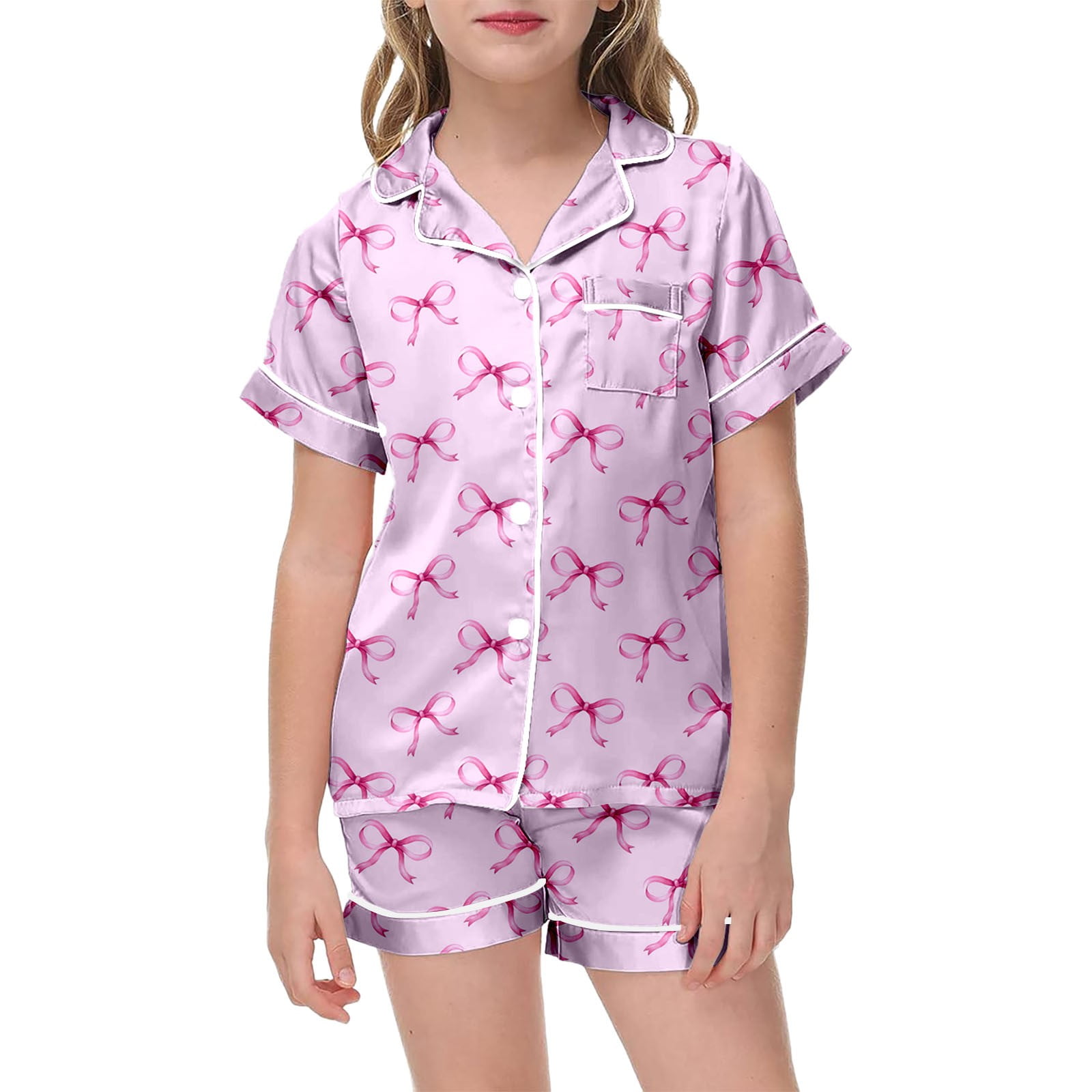 Girls' Valentine's Day Pajama Sets Heart Pattern Printed Cardigan Sleepwear Lapel Collar Short ...