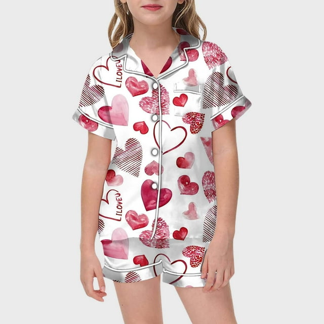 Girls' Valentine's Day Printed Pajamas Short Sleeved Button Top Shorts ...